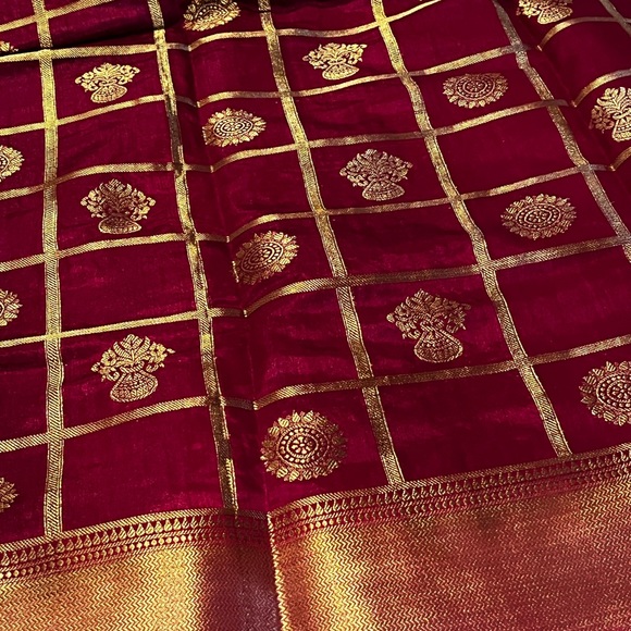 Sarees | Check Silk Saree With Golden Zaree Party Wear | Poshmark